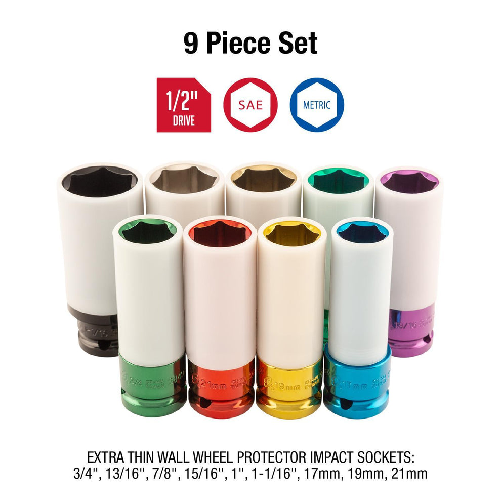 1/2" Drive SAE & Metric 6 Point Wheel Protector Extra Thin Wall 9-Piece ...