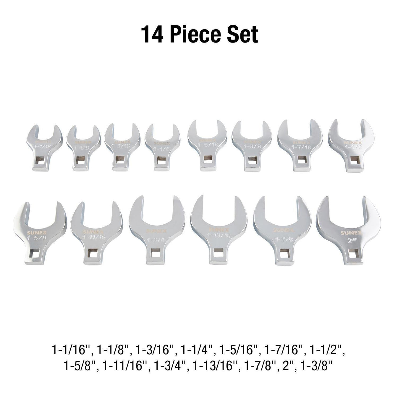 14 Pc 1/2" Drive Full Polish Jumbo SAE Crowfoot Wrench Set – SUNEX Tools