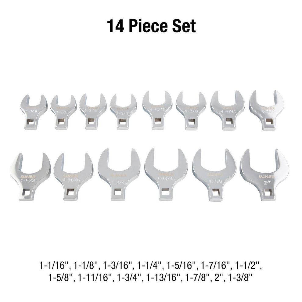14 Pc 1/2" Drive Full Polish Jumbo SAE Crowfoot Wrench Set – SUNEX Tools